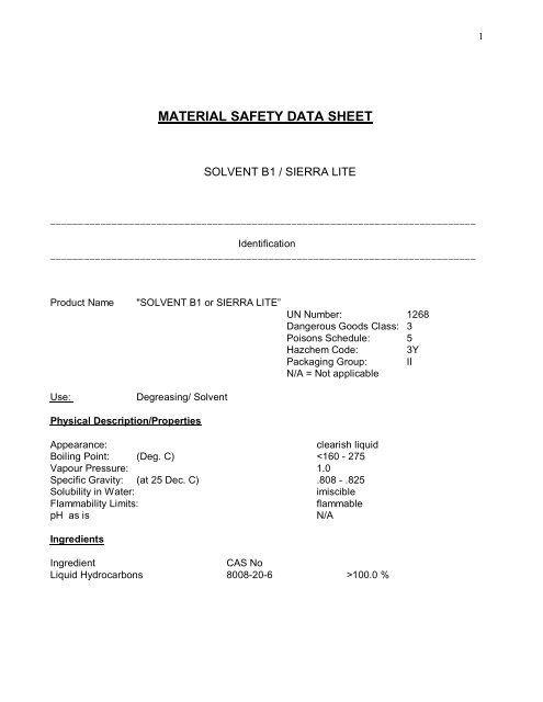 MSDS Solvent B1 - Sierra (Aust)