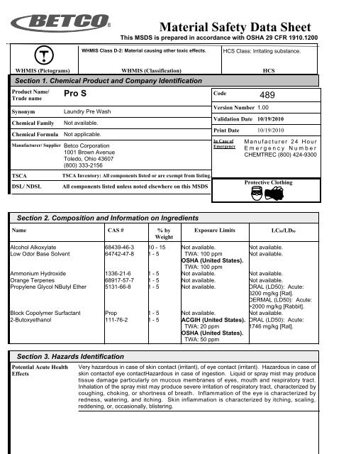 489 - Pro S MSDS English - Betco Corporation
