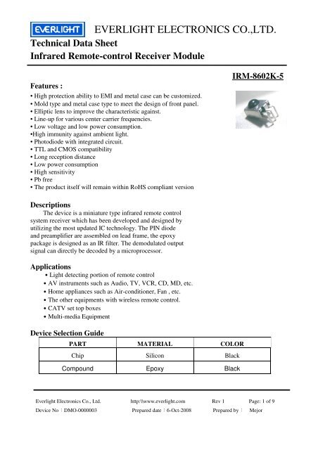 Technical Data Sheet Infrared Remote-control ... - Everlight.com