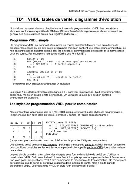 TD1 : VHDL, tables de vérité, diagramme d'évolution
