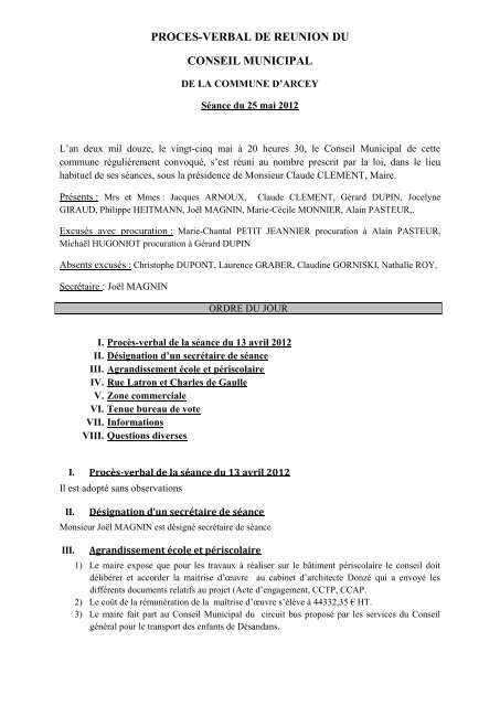 PROCES-VERBAL DE REUNION DU CONSEIL MUNICIPAL - Arcey