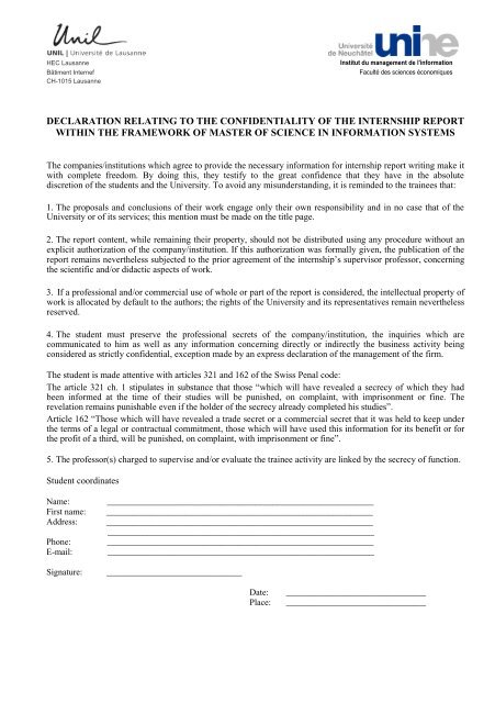 declaration relating to the confidentiality of the internship report ...