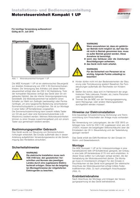 und Bedienungsanleitung Motorsteuereinheit Kompakt 1 UP - Warema