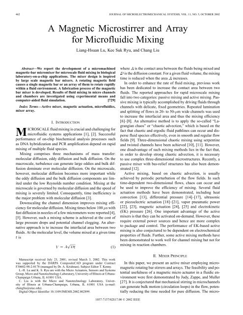 A magnetic microstirrer and array for microfluidic mixing ...