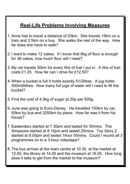 Real-Life Problems Involving Measures - Primary Resources