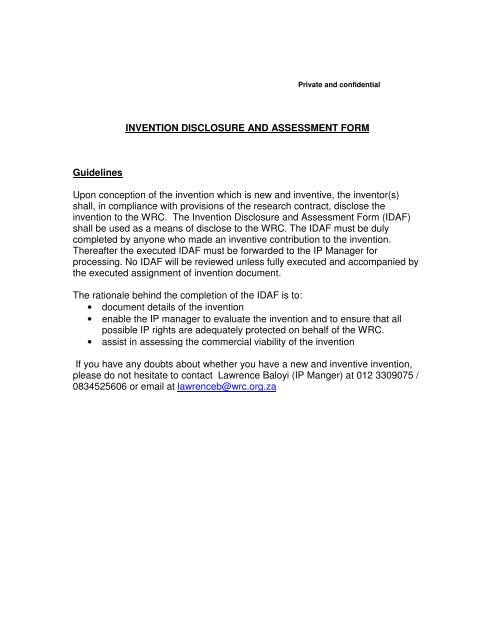 INVENTION DISCLOSURE AND ASSESSMENT FORM Guidelines ...