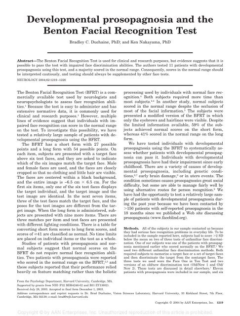 Developmental prosopagnosia and the Benton Facial Recognition ...