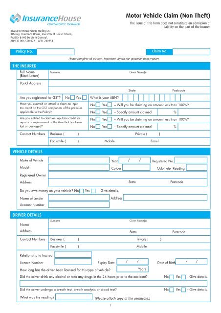 Motor Claim Form - Insurance House