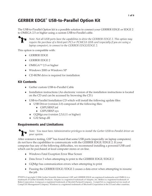 Omega USB-to-Parallel - Gerber Scientific Products