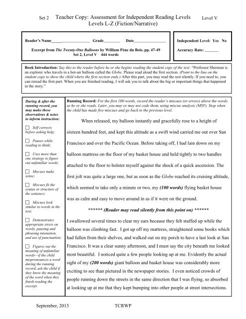 Twenty One Balloons (Running Record).pdf - The Reading & Writing ...