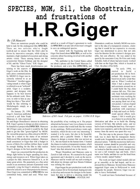 SPECIES, MGM, Sil, the Ghosttrain, and frustrations of H.R. Giger
