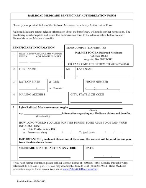 Railroad Medicare Beneficiary Authorization Form - Palmetto GBA
