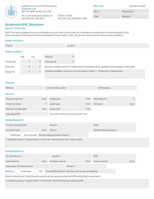 Residential HVAC Worksheet