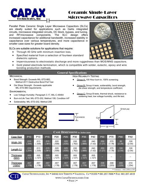 Single Layer Microwave Capacitors (SLC) - Capax Technologies Inc