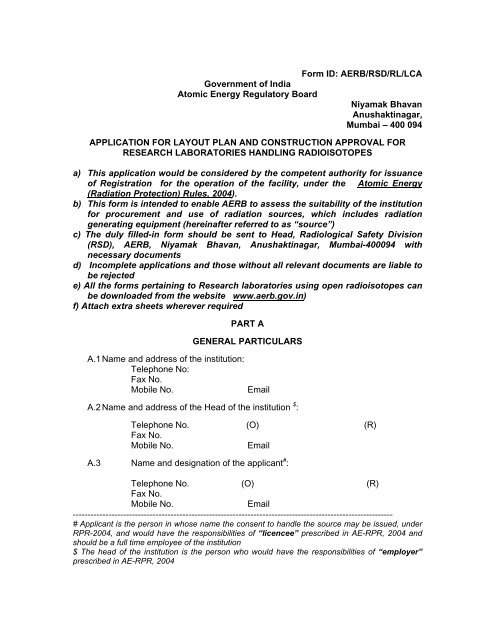 Form ID: AERB/RSD/RL/LCA Government of India Atomic Energy ...