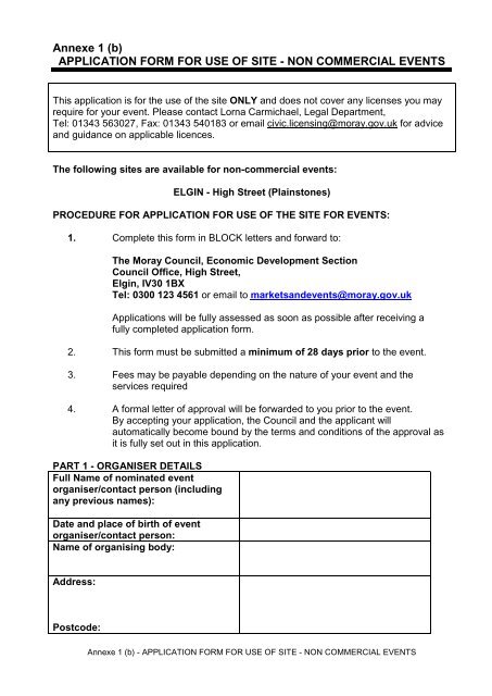 Application Form For Use Of Site - Non-commercial Events