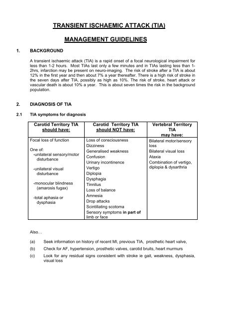 TRANSIENT ISCHAEMIC ATTACK (TIA) MANAGEMENT GUIDELINES