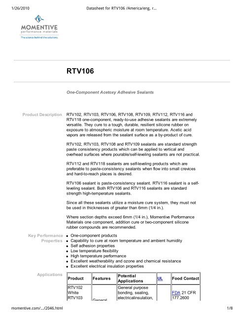 Datasheet for RTV106 /America/eng, revision no 1 - EV Roberts