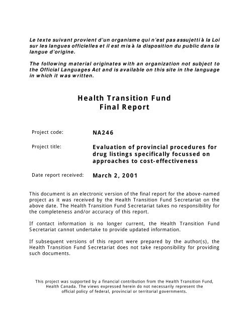 Health Transition Fund Final Report - Projects Listed By Subject Area