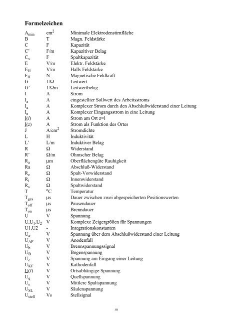 Formelzeichen - Funkenerosion