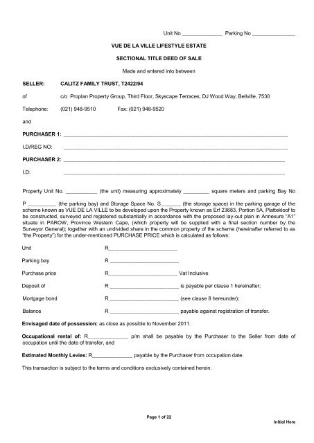 Sectional Title Deed of Sale - Nationlink Plattekloof