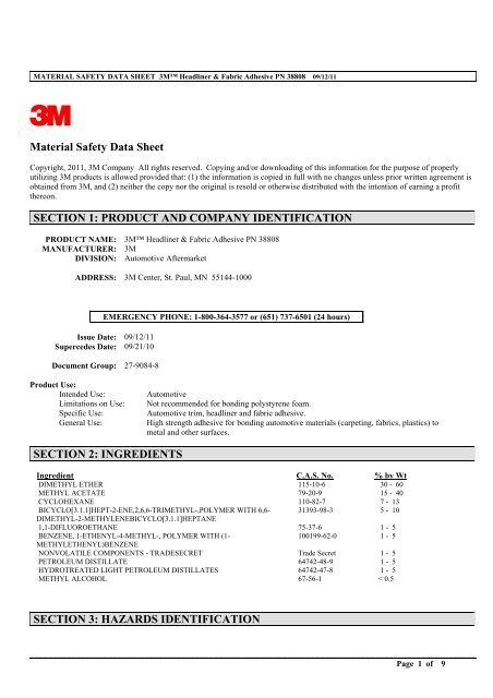 Material Safety Data Sheet SECTION 1: PRODUCT AND ... - 3M
