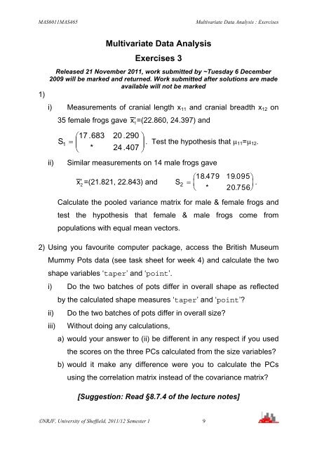 Multivariate Data Analysis Exercises 3 - Dr Nick Fieller