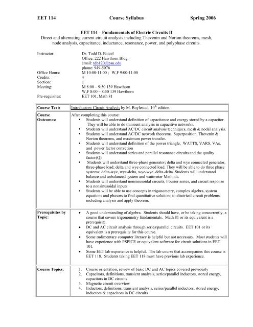 EET 114 – Fundamentals of Electric Circuits II - Penn State Altoona EET 114 – Fundamentals of Electric Circuits II - Penn State Altoona
