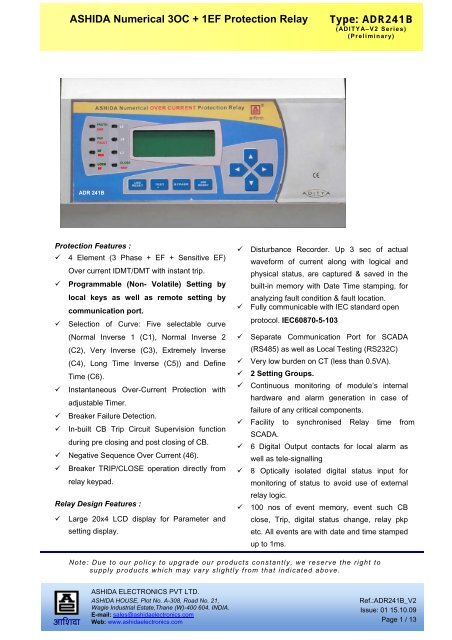Type: ADR241B ASHIDA Numerical 3OC + 1EF Protection Relay