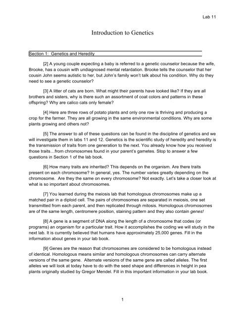 Lab 11 - Introduction to Genetics - Pierce College