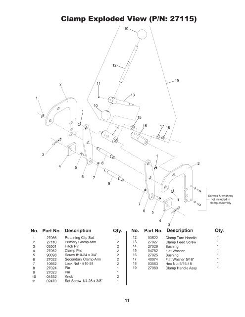 Clamp Exploded View (P/N: 27115) - Trak-Star Rail Drills