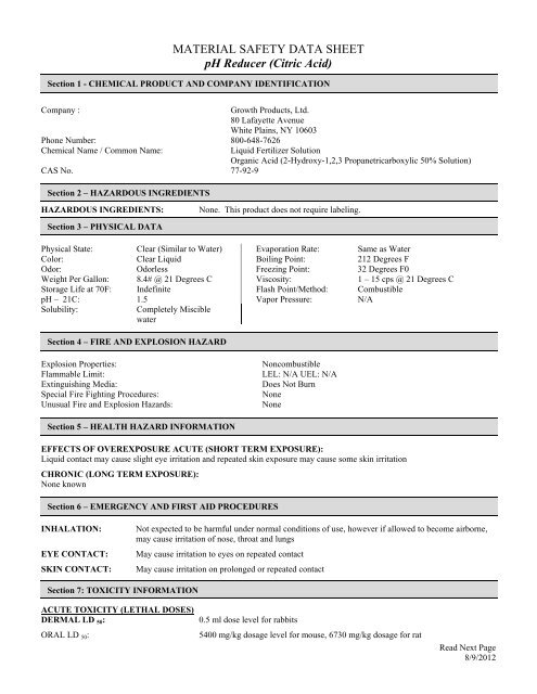 MATERIAL SAFETY DATA SHEET pH Reducer ... - Growth Products