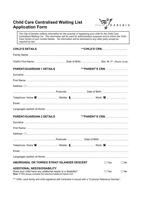 Child Care Centralised Waiting List Application Form - City of Darebin