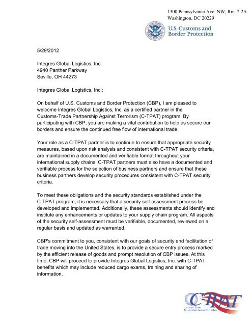 CTPAT Primary Letter of Certification