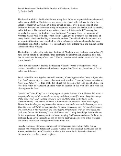 Jewish Tradition of Ethical Wills Provide a Window to the Past 1 By ...