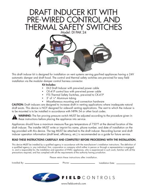 draft inducer kit with pre-wired control and thermal ... - Field Controls