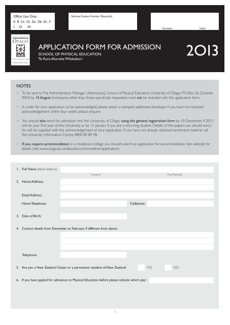 application form for admission - The School of Physical Education ...