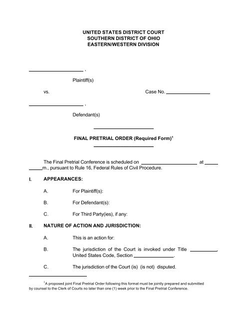Final Pretrial Statement - Southern District of Ohio