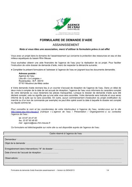 Formulaire De Demande D aide Assainissement Agence De L Eau Formulaire De Demande D aide Assainissement Agence De L Eau