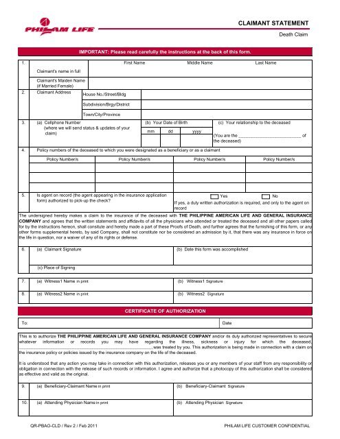 Claimant Statement for Death Claim - Philam Life