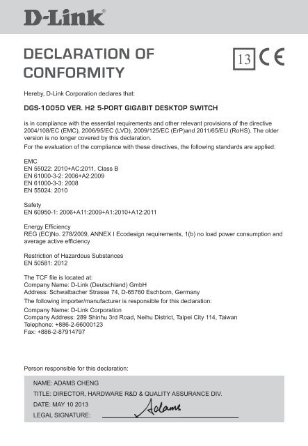 DECLARATION OF CONFORMITY - D-Link