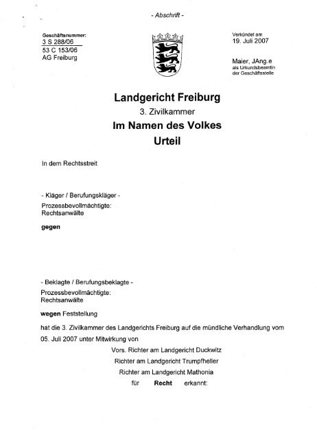 Landgericht Freiburg Im Namen des Volkes Urteil - Raepower.de