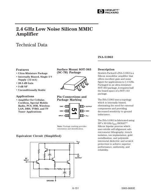 INA-51063: 2.4 GHz Low Noise Silicon MMIC Amplifier