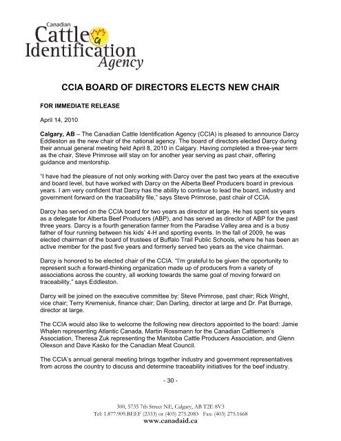 CCIA Elects New Chair - Canadian Cattle Identification Agency