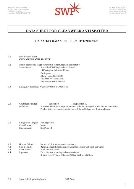 DATA SHEET FOR CLEANWELD ANTI SPATTER - SWP