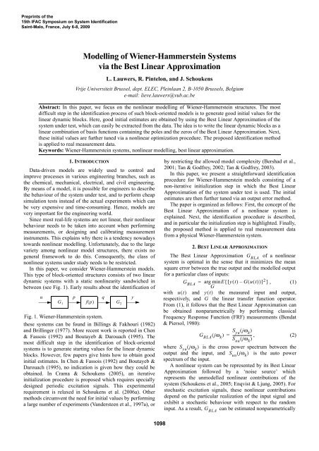 Modelling Of Wiener Hammerstein Systems Via The Best Linear