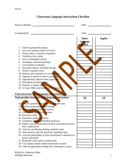 Classroom Language Interaction Checklist (CLIC)