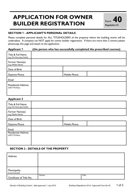 Owner Builder - Form 40 - Kingborough Council