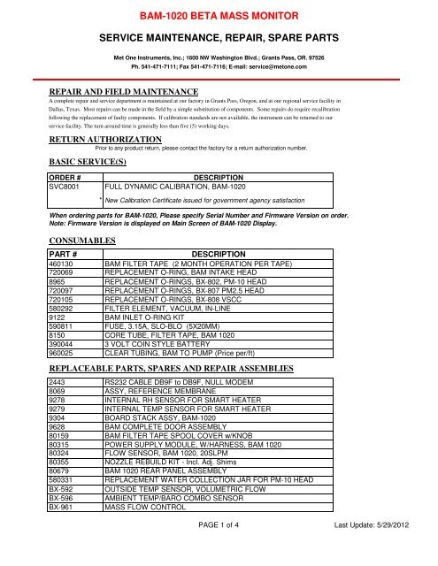 Service-BAM-1020 - Met One Instruments