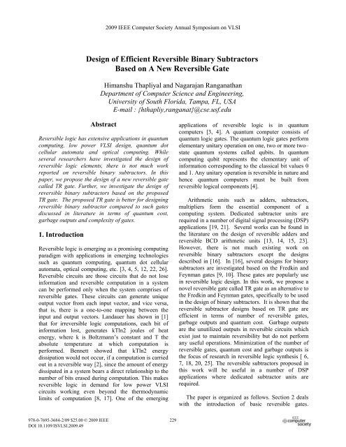 Design Of Efficient Reversible Binary Subtractors Based On A New